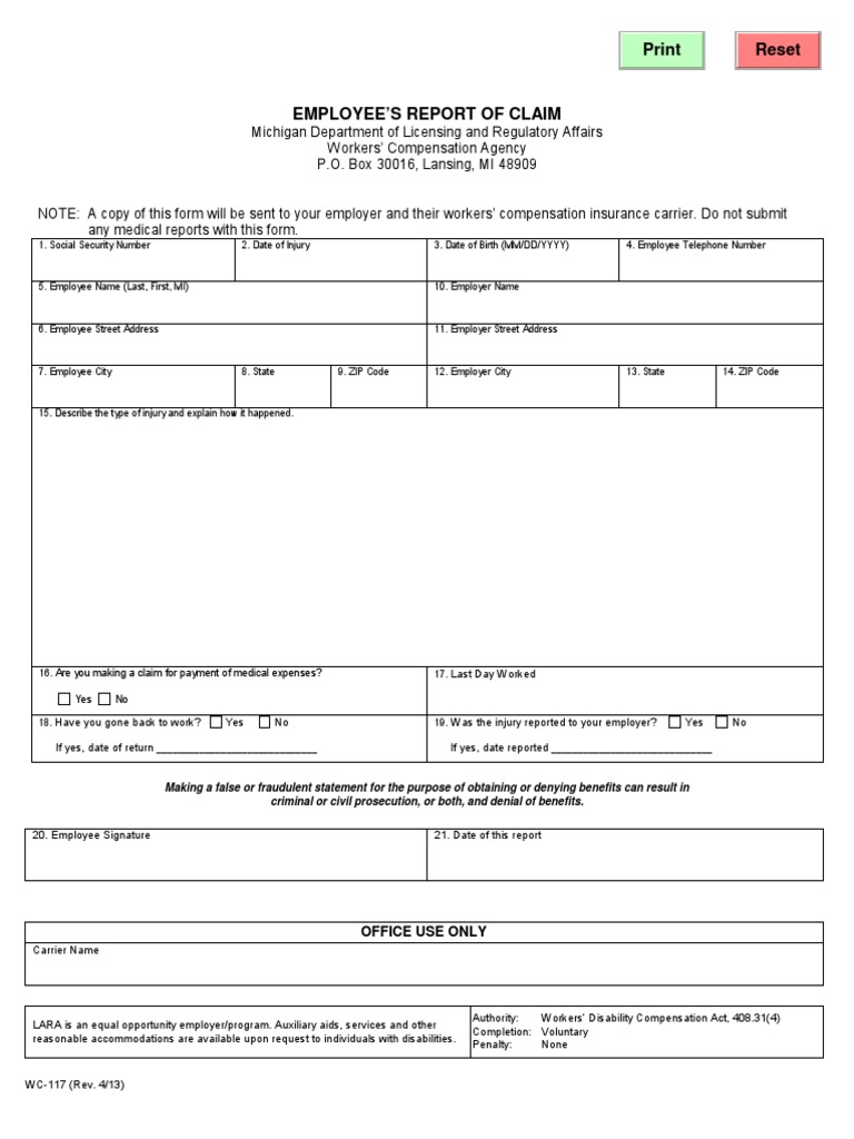 Wca WC-117 Fillin 119771 7 | PDF | Workers' Compensation | Employment