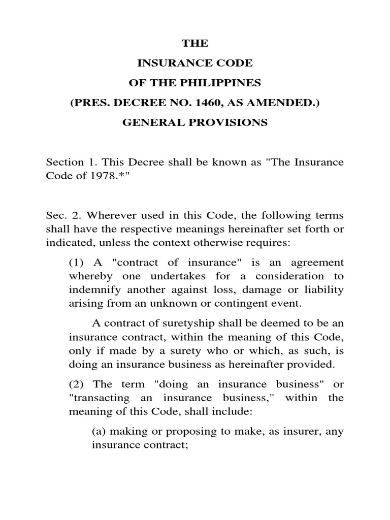THE Insurance Code of The Philippines (Pres. Decree No. 1460, As ...