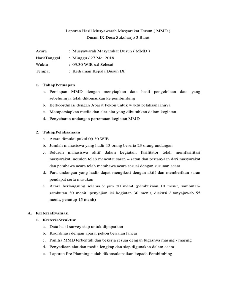 Laporan Hasil Musyawarah Masyarakat Dusun MMD | PDF