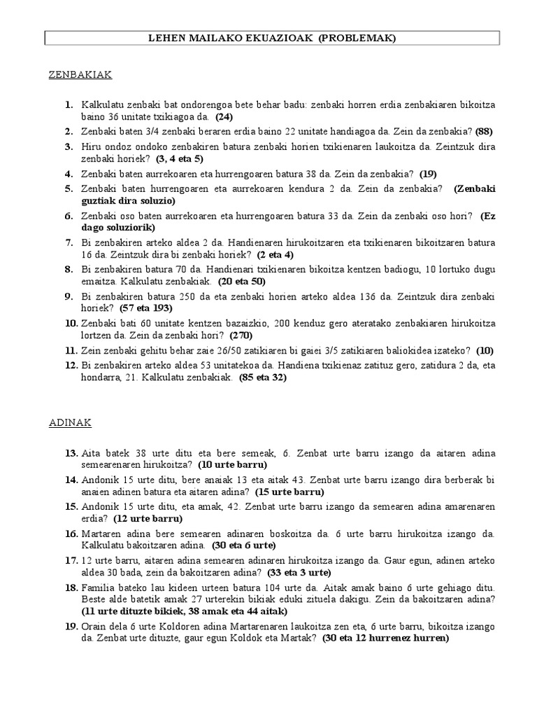 Lehen Mailako Ekuazioak - Problemak | PDF