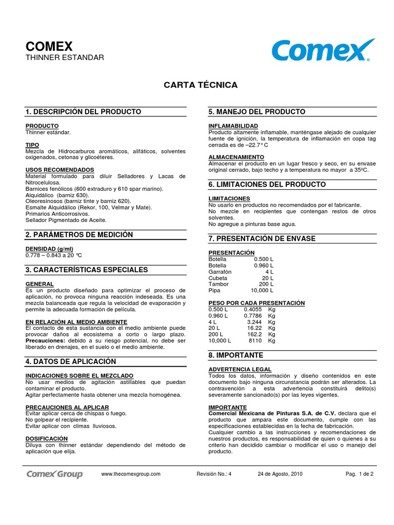 Ficha Técnica Thinner Estándar Comex | PDF | Barniz | Naturaleza