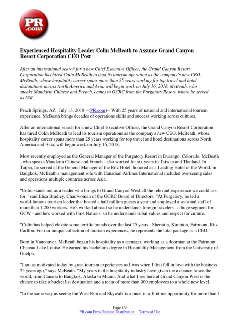 Experienced Hospitality Leader Colin McBeath To Assume Grand Canyon ...