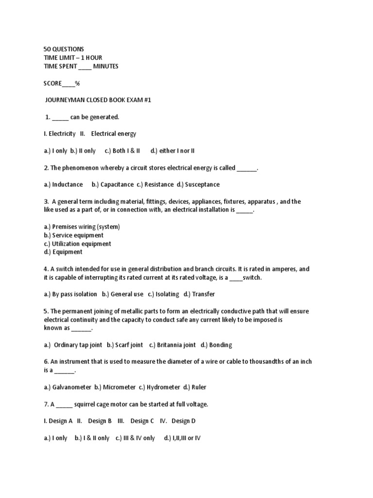 Journeyman Electrician Exam Questions | PDF | Electric Current ...