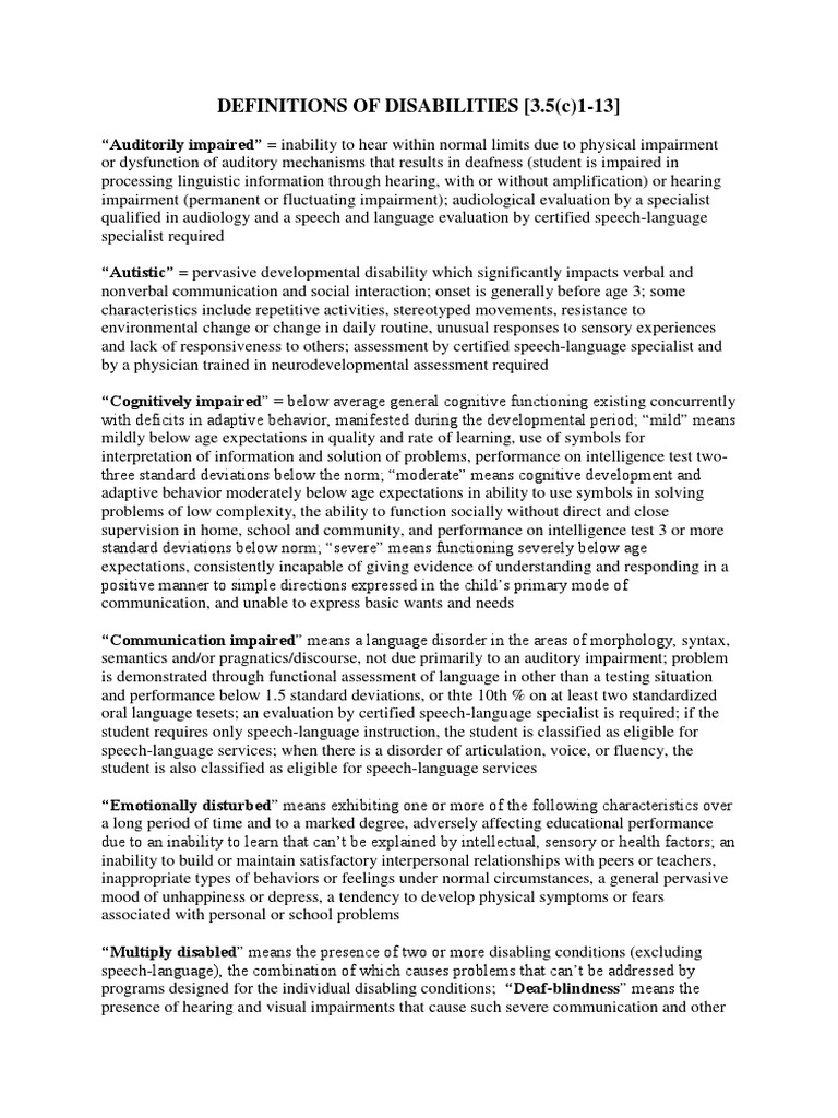 Definitions of Disabilities | PDF | Learning Disability | Visual Impairment