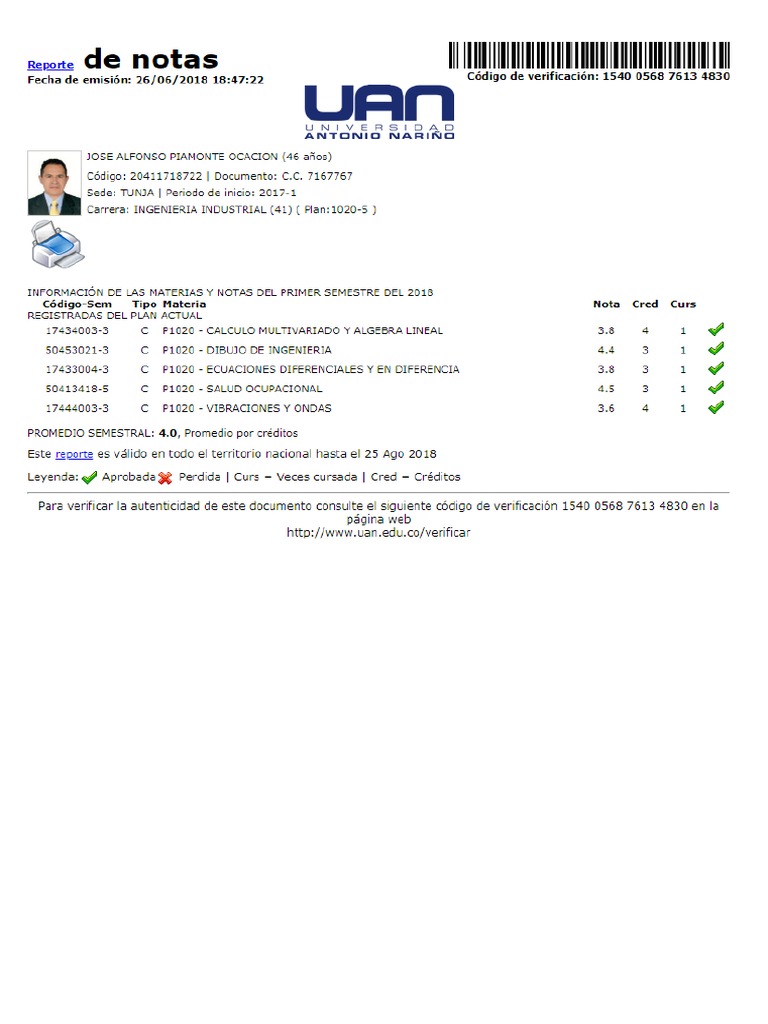 Reporte Notas 2018-1 | PDF