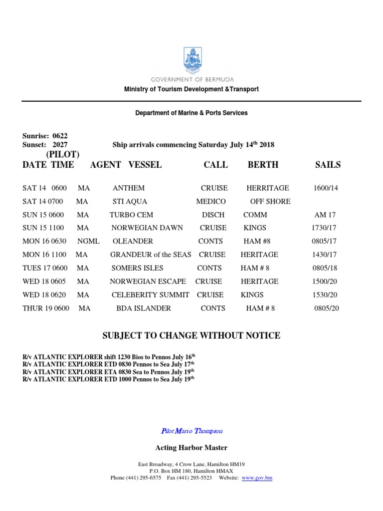 Ship Arrivals Schedule for Hamilton | PDF