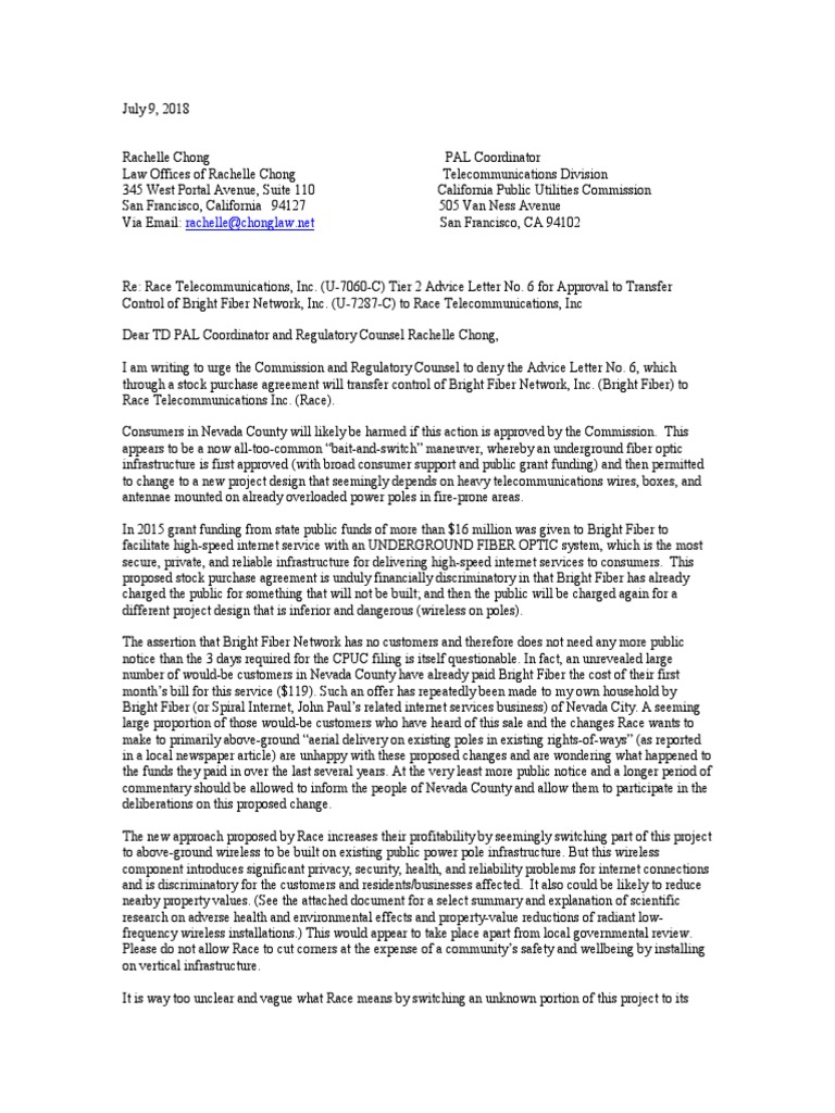 Letters To CPUC: Bright Fiber/Race Communications | PDF ...