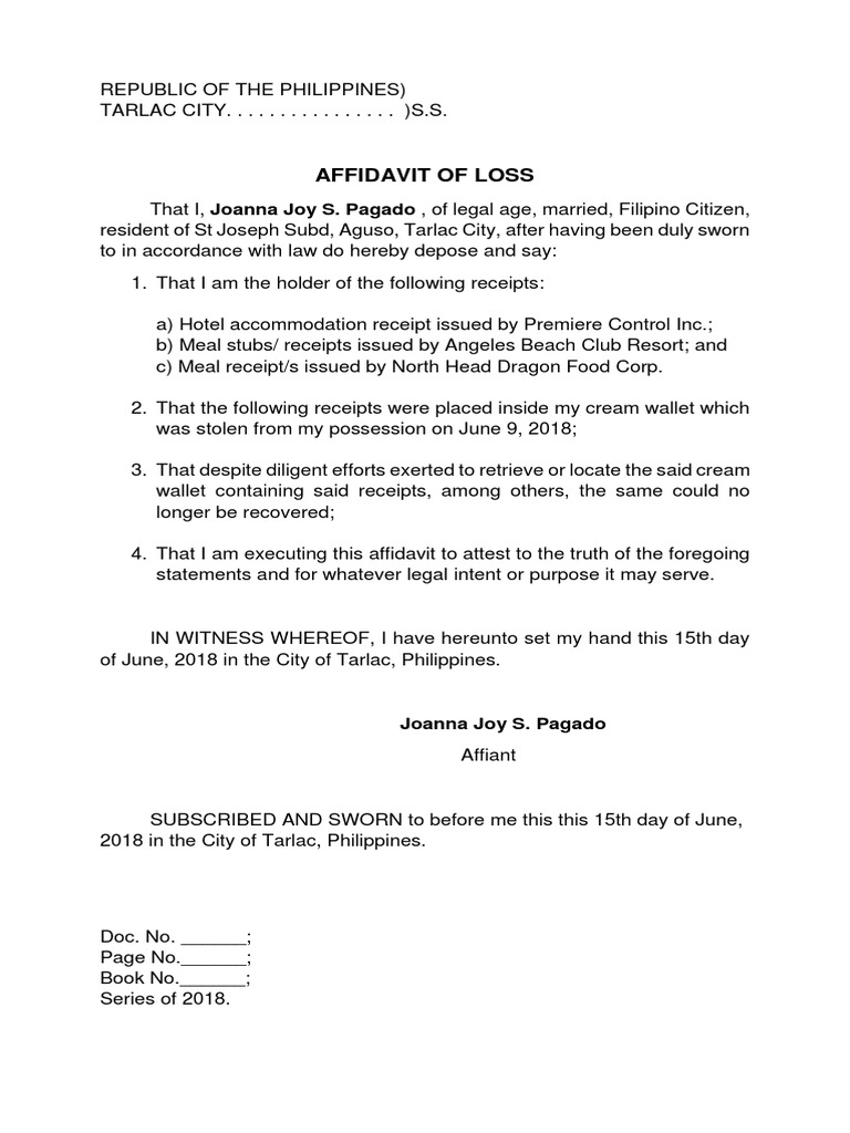 Affidavit of Loss Wallet With Receipts | PDF