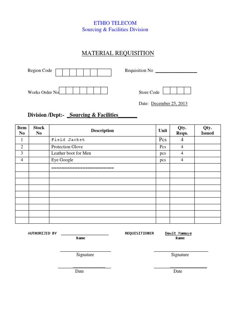 Material Requisition: Ethio Telecom Sourcing & Facilities Division ...