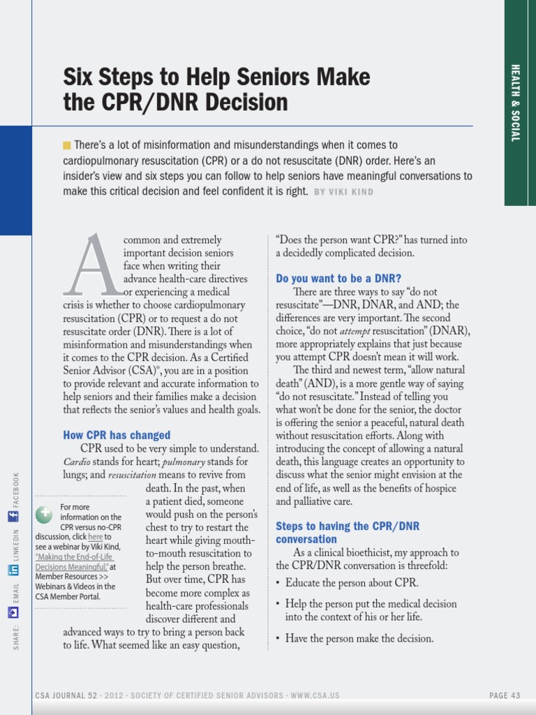 Six Steps To Help Seniors Make The CPR/DNR Decision: Doyouwanttobeadnr ...