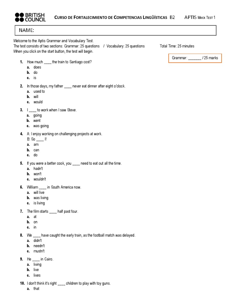Aptis B2 Grammar and Vocabulary Test | PDF