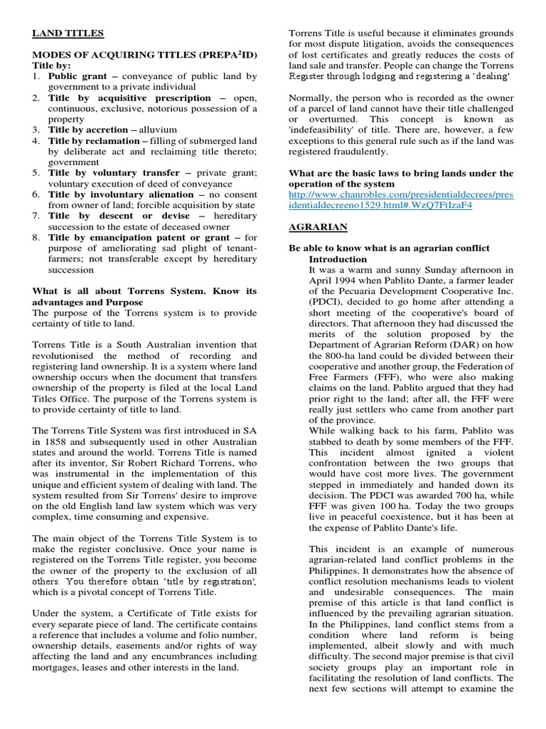 Land Titles Agri Notes | PDF | Leasehold Estate | Property
