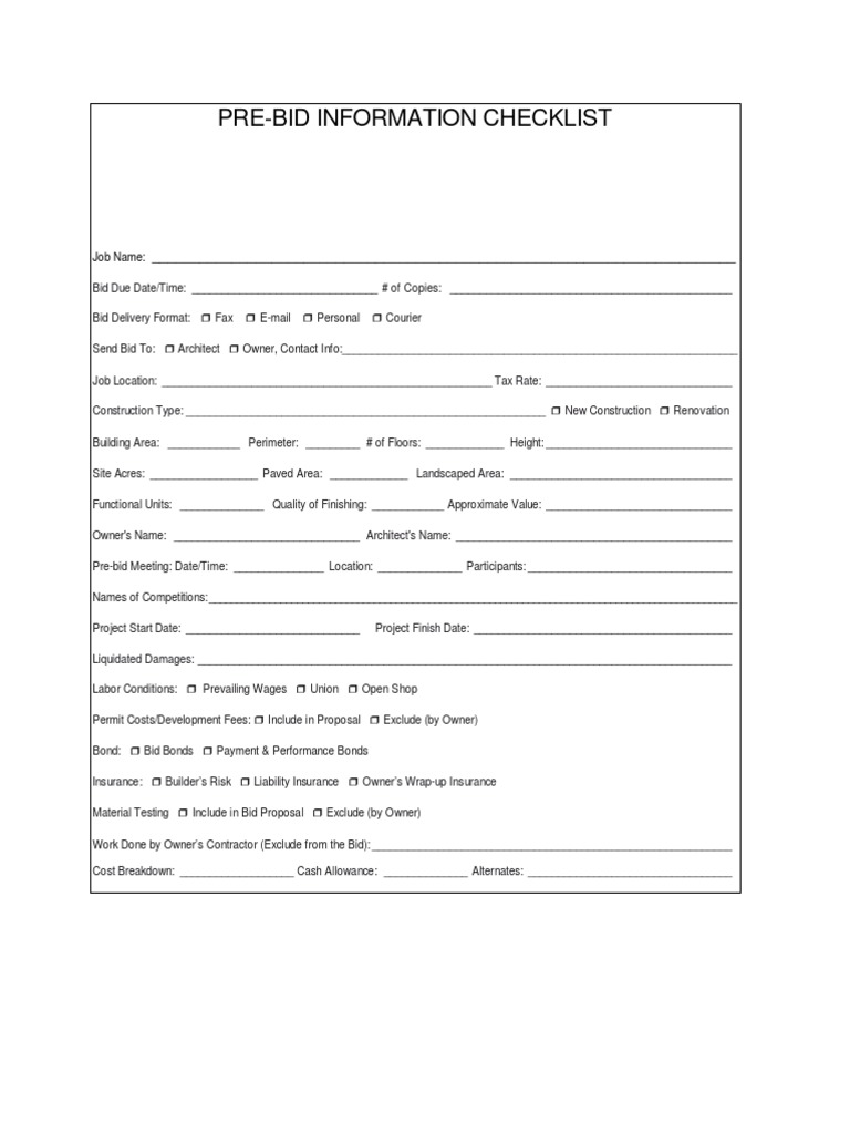 Pre-Bid Meeting Checklist | PDF | Bonds (Finance) | Architect