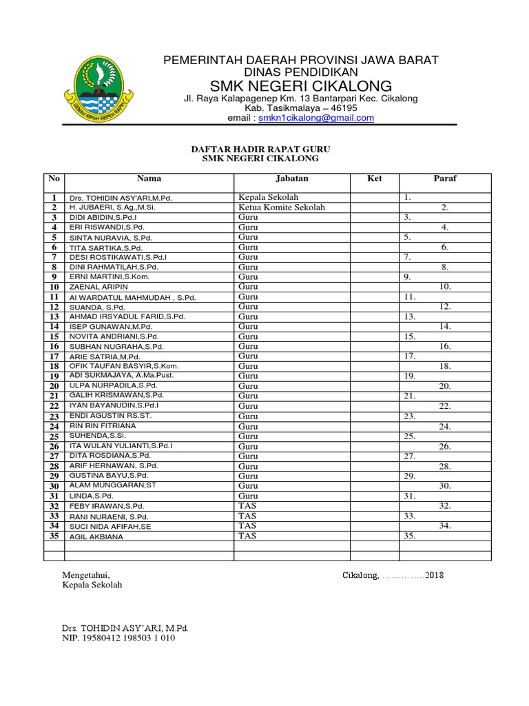 Contoh Format Daftar Hadir Rapat Guru | PDF