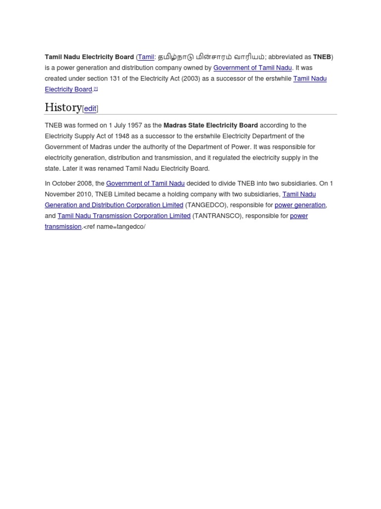 History of Tamil Nadu Electricity Board | PDF