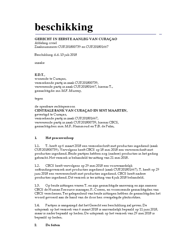 2018 07 13 - Beschikking Arbeidszaak Tromp Vs CBCS | PDF