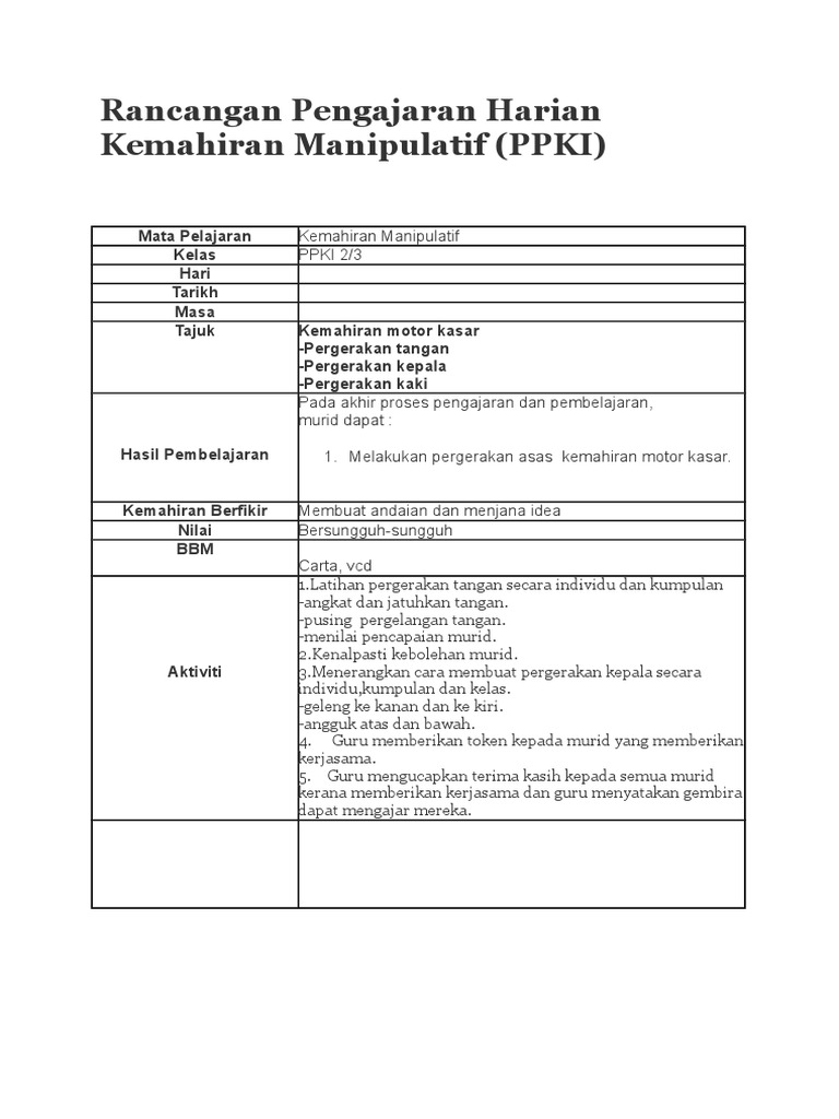 Rancangan Pengajaran Harian Kemahiran Manipulatif | PDF