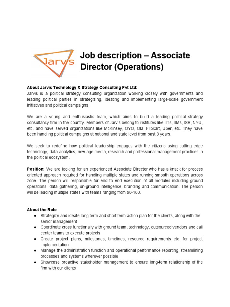 Job Description - Associate Director (Operations) : About Jarvis ...