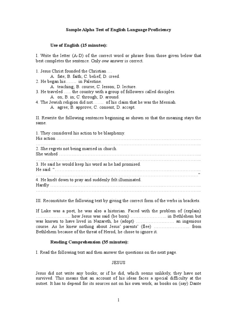 Sample Alpha Test of English Language Proficiency | PDF | Messiah ...