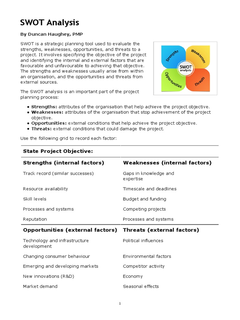 SWOT Analysis: State Project Objective: Strengths (Internal Factors ...