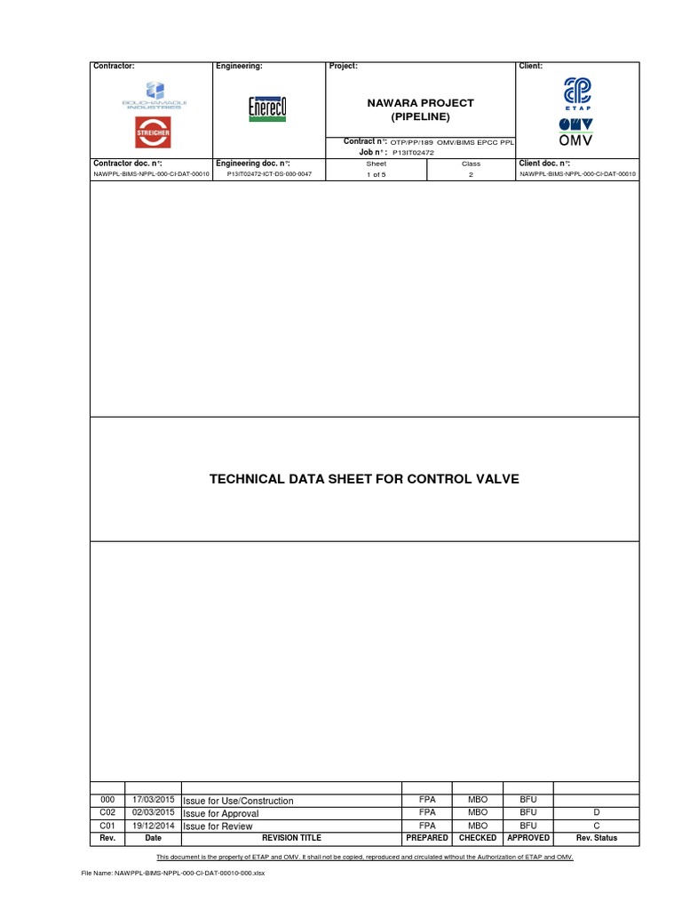 technical Data Sheet for Control Valve | Valve | Switch