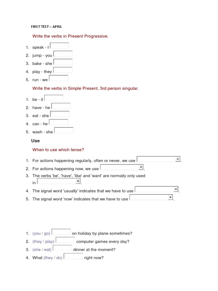 Write The Verbs in Present Progressive.: First Test - April | PDF