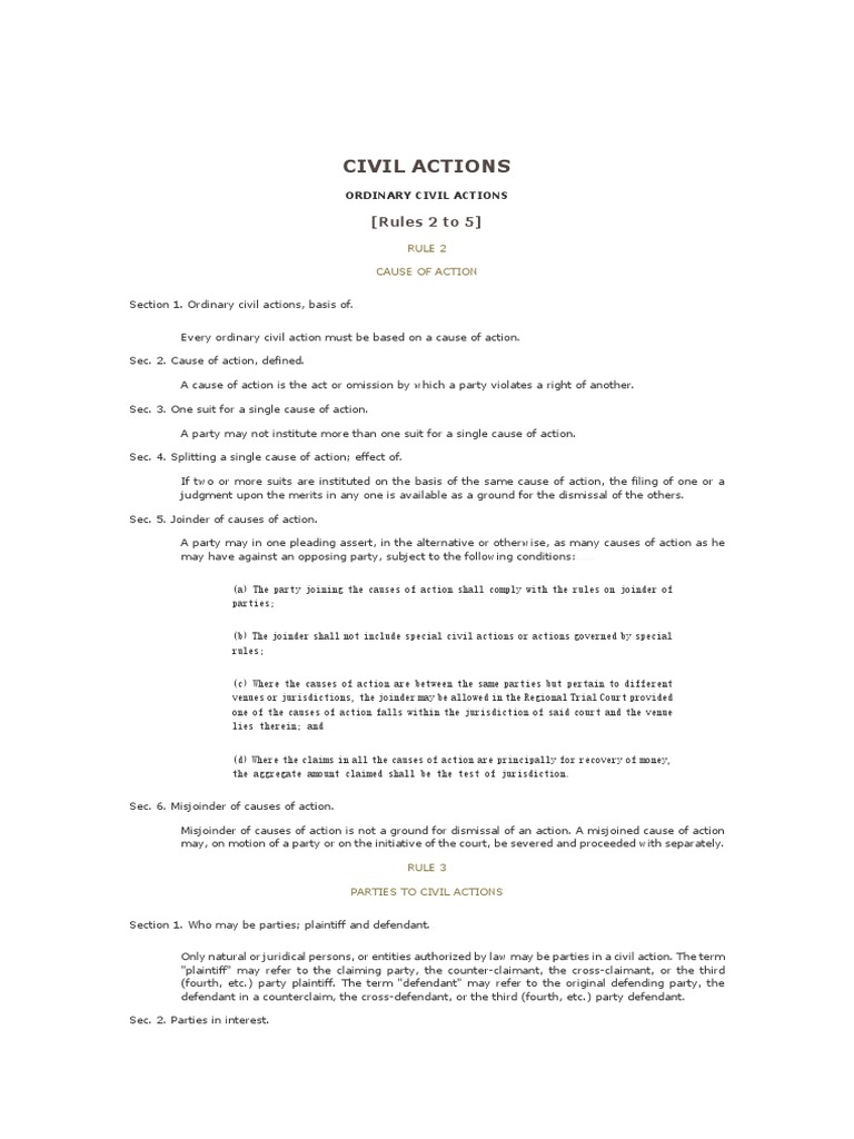 Civil Actions: (Rules 2 To 5) | PDF | Joinder | Cause Of Action