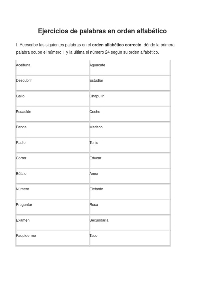 Ejercicios de Palabras en Orden Alfabético | PDF | Ocio | Naturaleza
