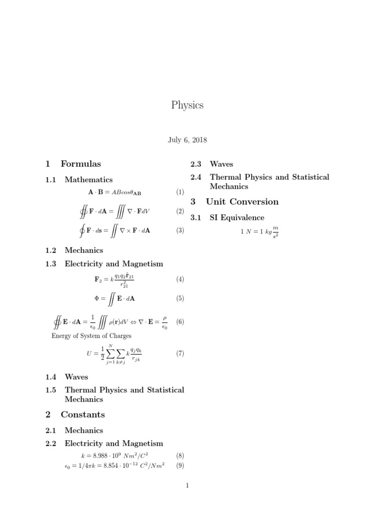 Physics: 1 Formulas | PDF