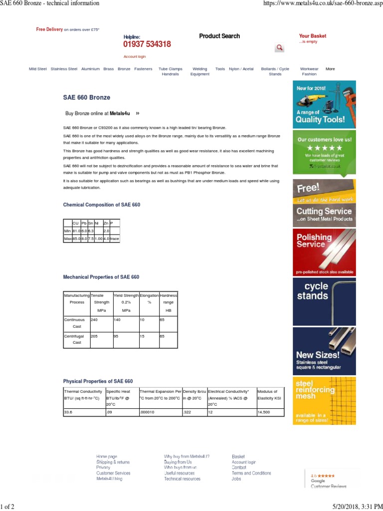 SAE 660 Bronze - Technical Information | PDF | Bronze | Strength Of ...