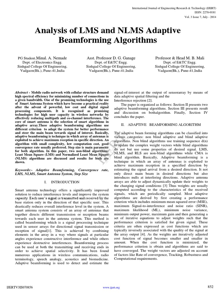 Ijert Ijert: Analysis of LMS and NLMS Adaptive Beamforming Algorithms | PDF | Variance | Errors ...
