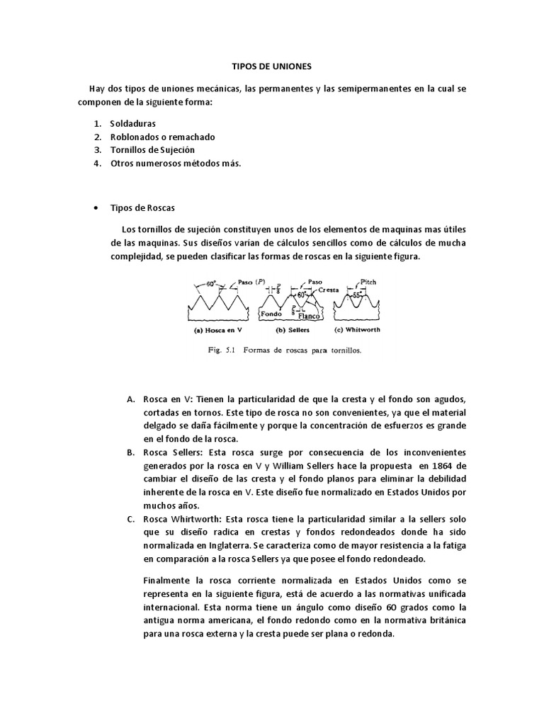 Tipos de Uniones y Roscas Mecánicas | PDF | Tornillo | Ingeniería mecánica