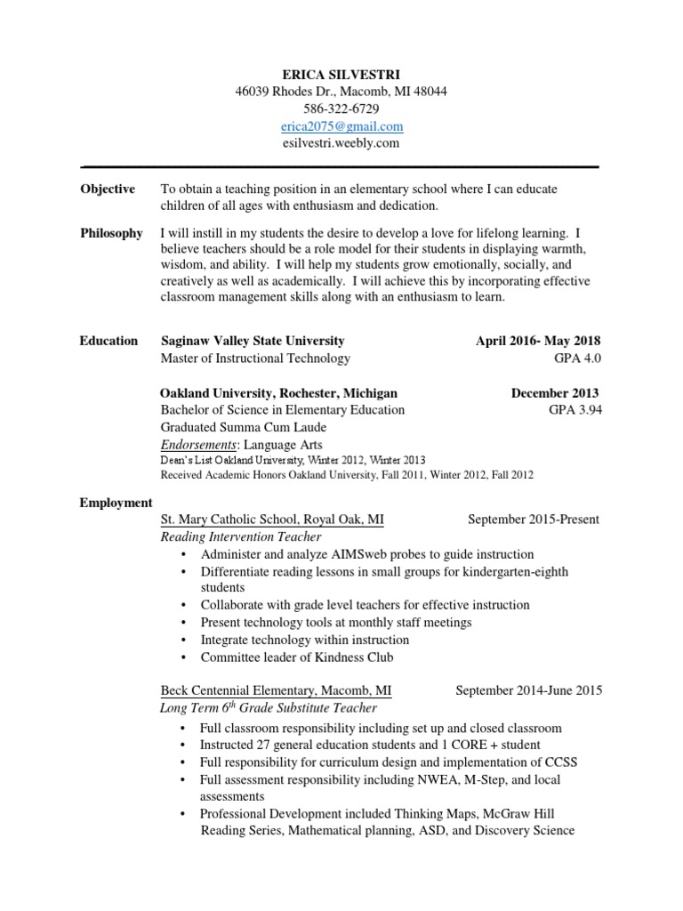 Erica Silvestri: Teaching Resume | PDF | Teachers | Curriculum
