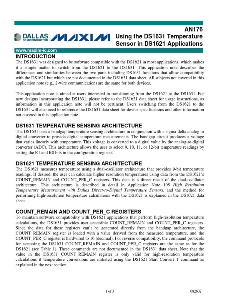 AN176 Using The DS1631 Temperature Sensor in DS1621 Applications | PDF ...