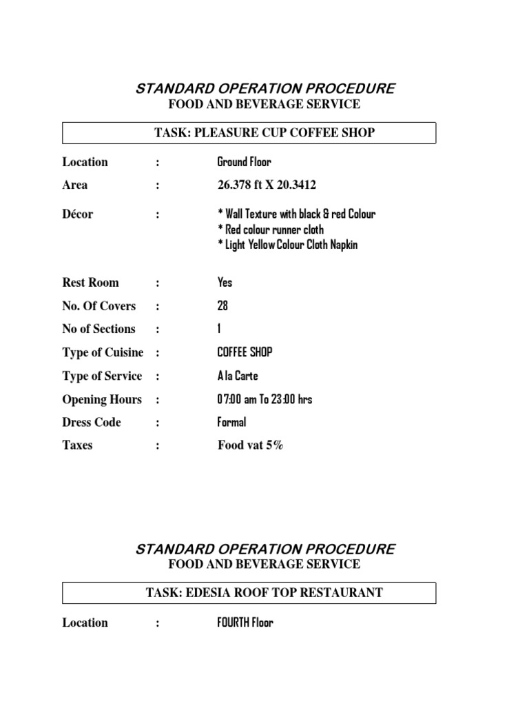 Standard Operating Procedures for Food and Beverage Outlets at Pleasure ...