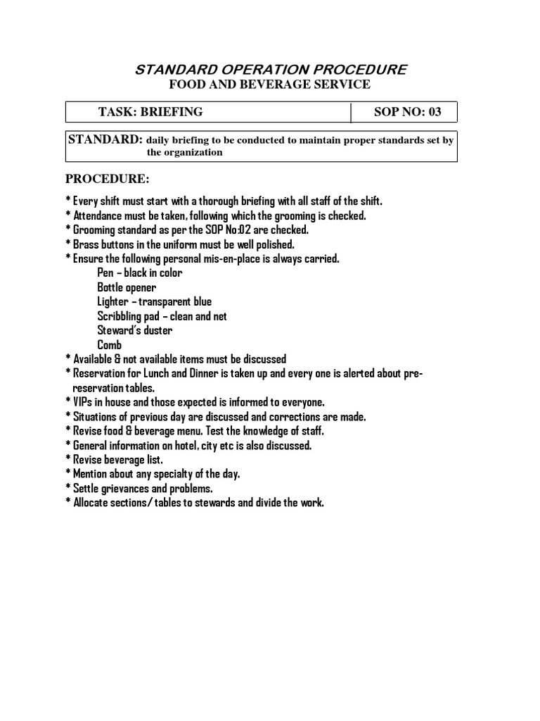 Standard Operation Procedure: Daily Briefing To Be Conducted To ...