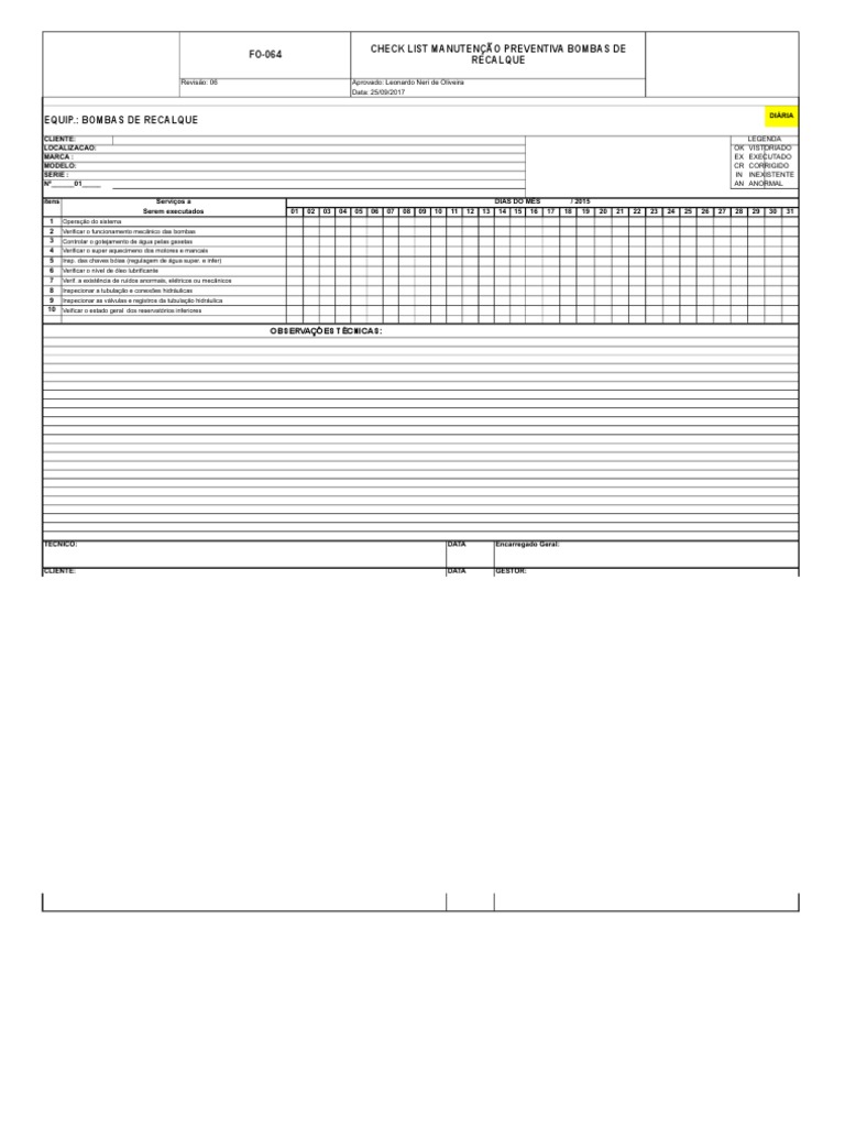 FO-064 - Check List Manutenção Preventiva Bombas de Recalque | PDF ...