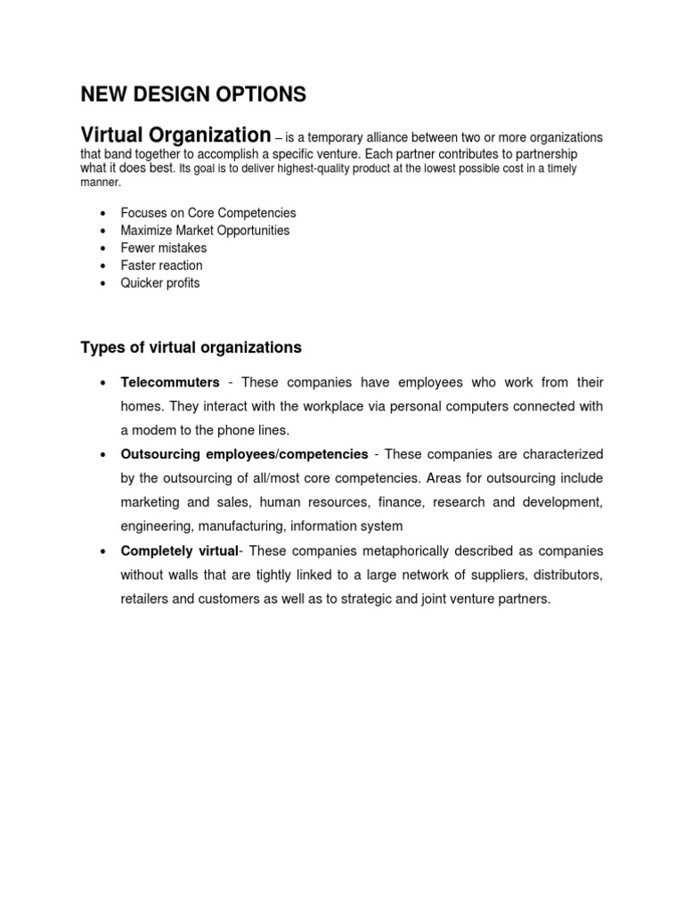 New Design Options Virtual Organization: Types of Virtual Organizations ...