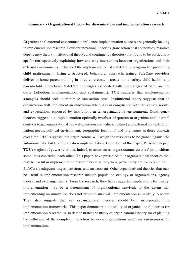 Summary Organizational Theory For Dissemination and Implementation ...