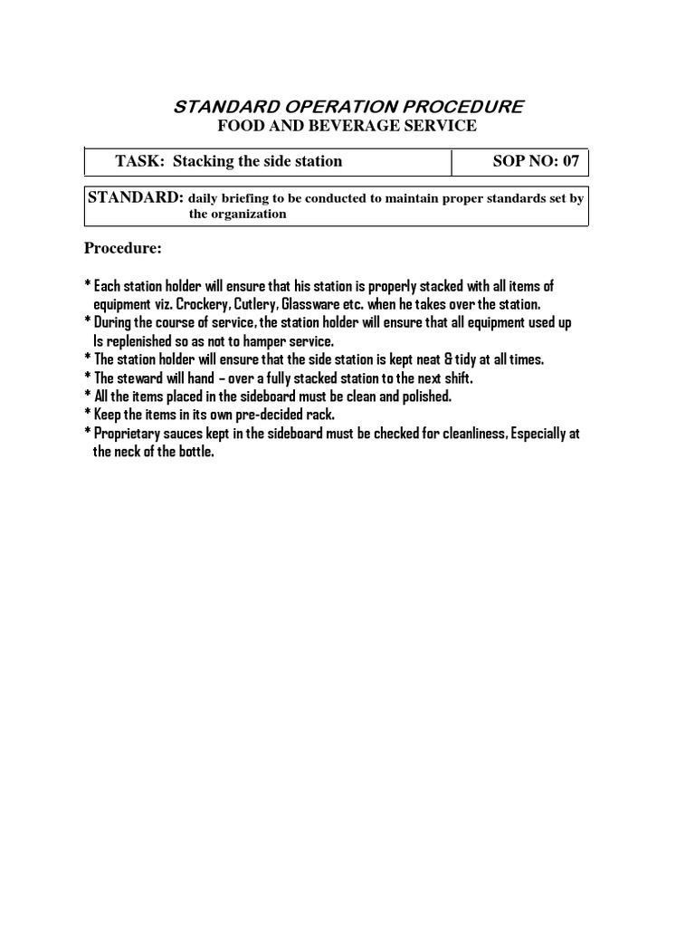 Side Station Setup SOP for F&B Service | PDF | Domestic Implements | Home