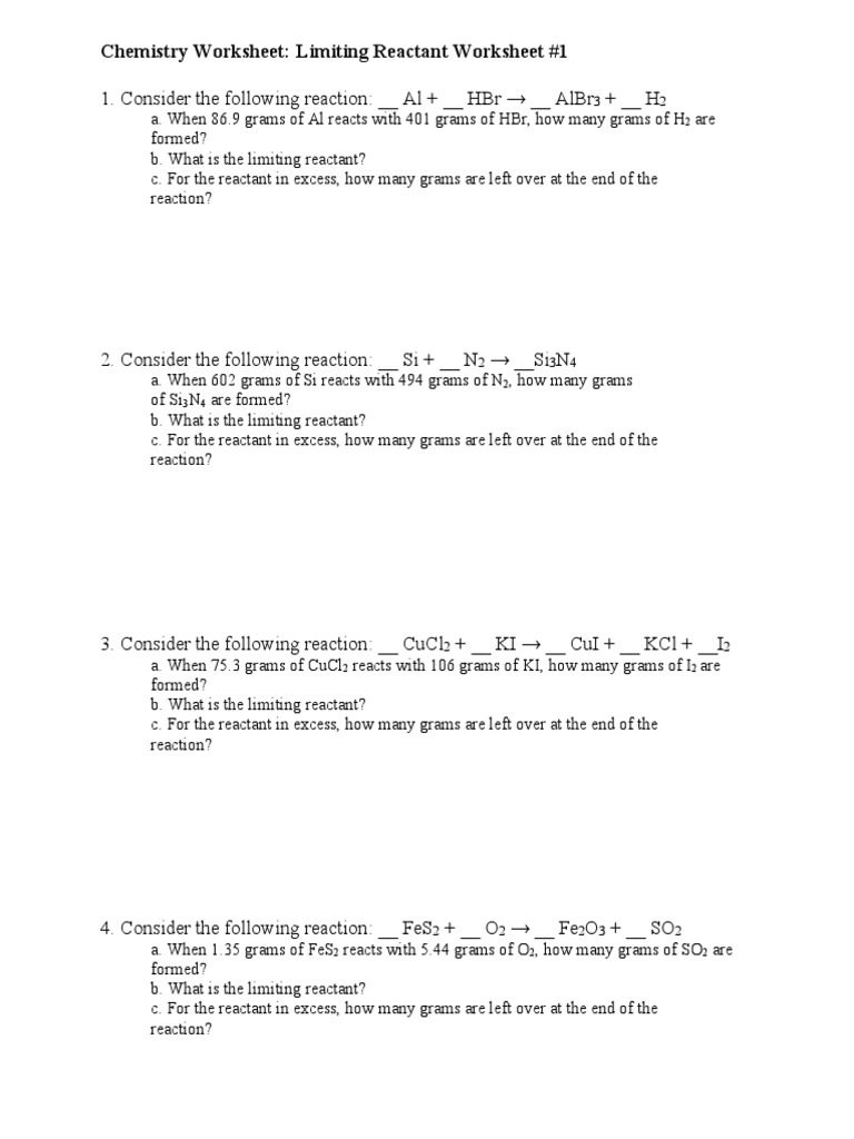 Limiting Reactants Worksheet | PDF | Chemical Reactions | Nitrate