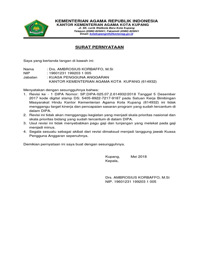Surat Pernyataan KPA Tanggungan DIPA | PDF