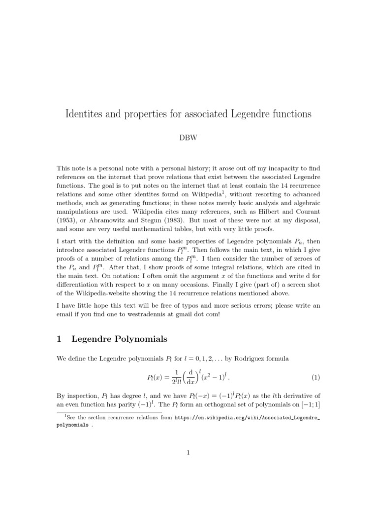 Associated Legendre Functions | PDF | Polynomial | Summation