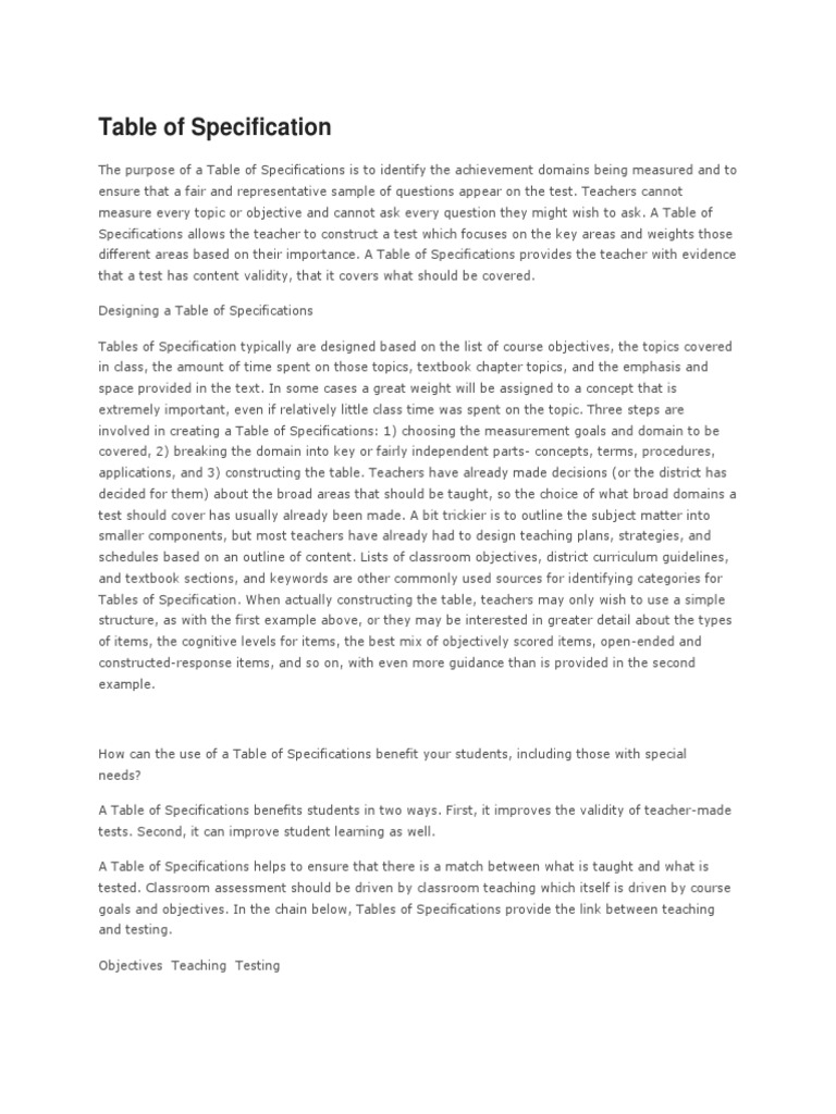 Table of Specification | PDF | Educational Assessment | Teachers