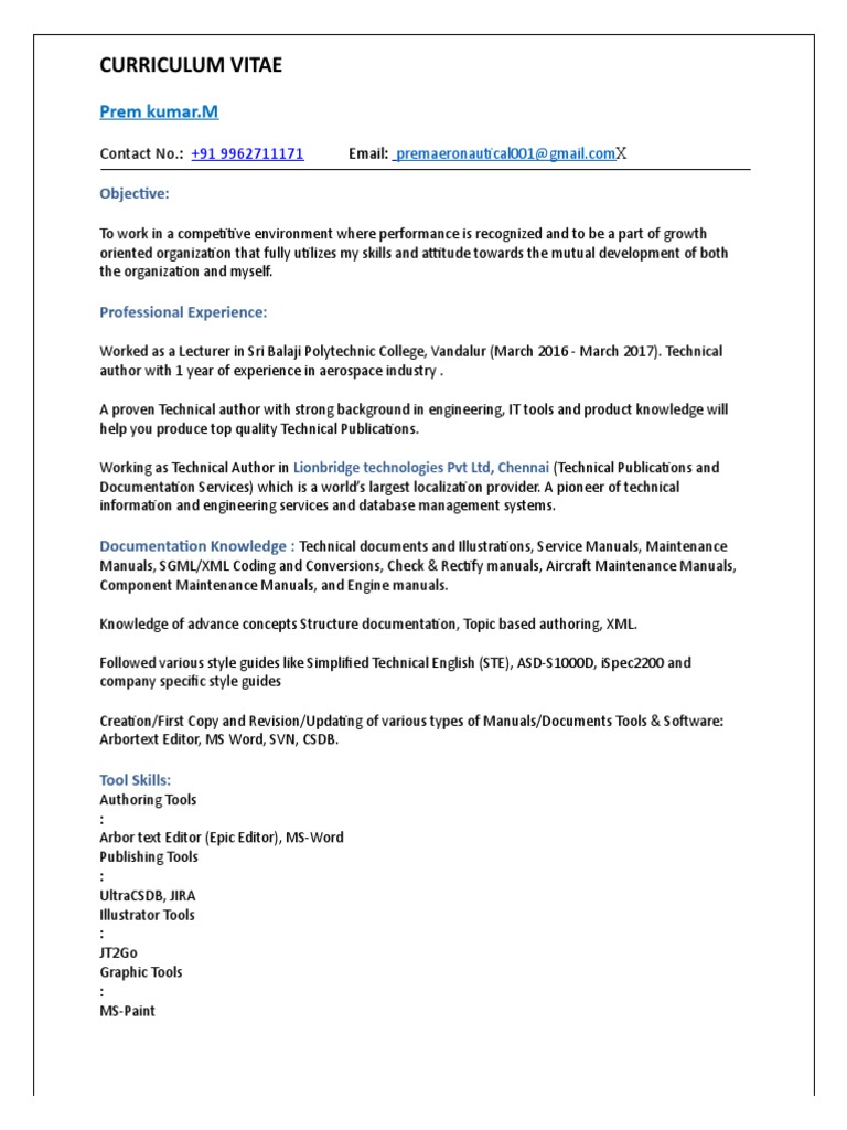 Curriculum Vitae: Prem Kumar.m | PDF | Xml | Engineering