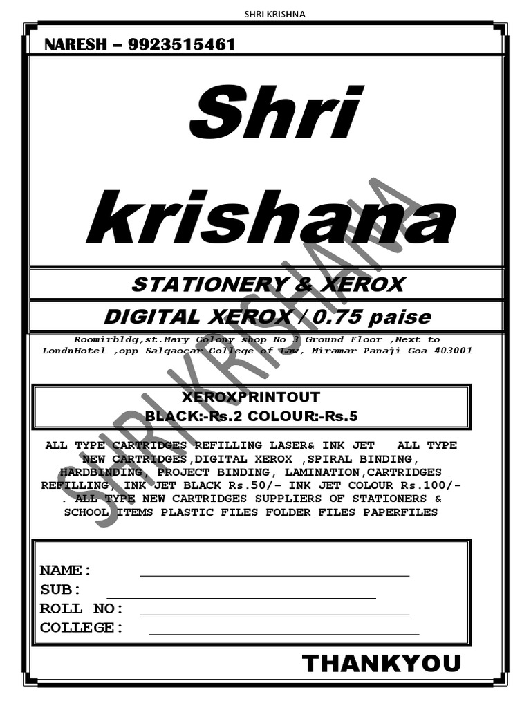 Stationery & Xerox Services in Panaji | PDF