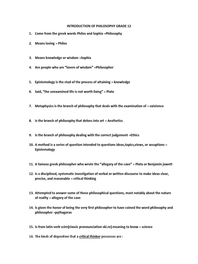 Introduction Philosophy Grade 12 Questionaire | PDF | Plato | Idea