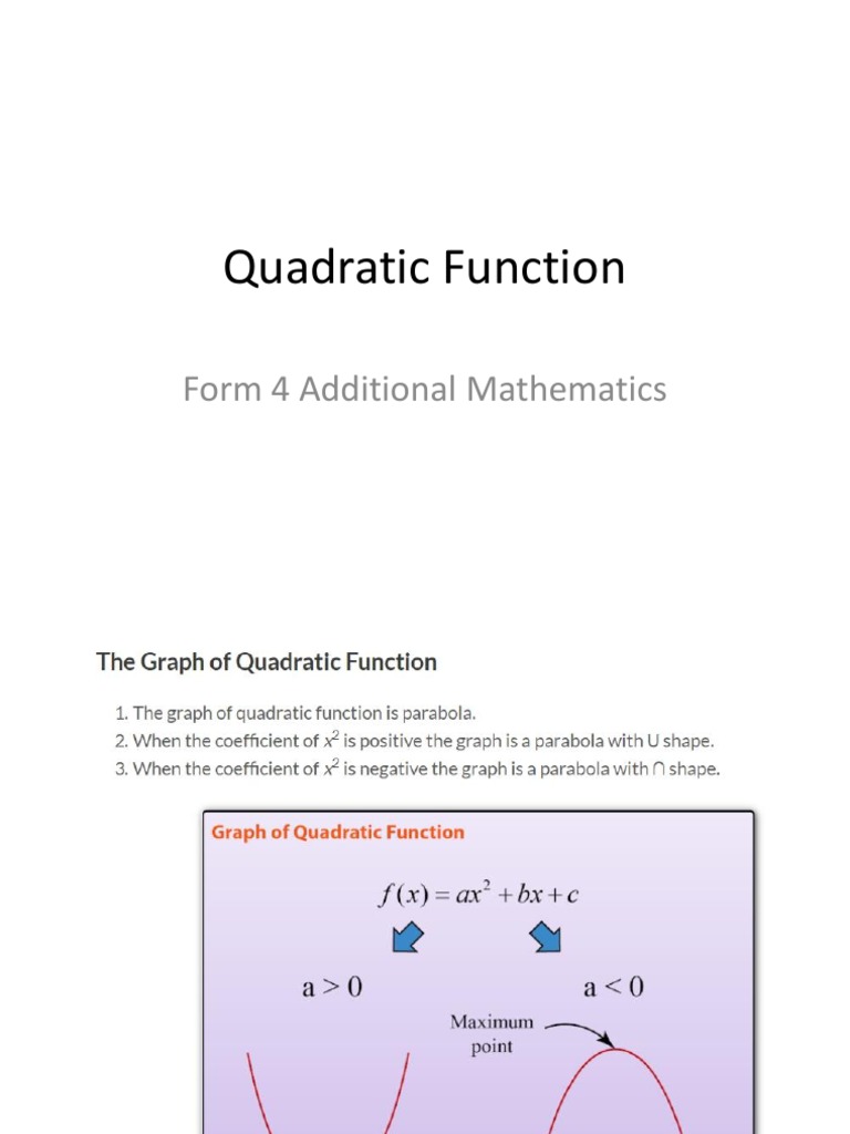 Quadratic Function: Form 4 Additional Mathematics | PDF
