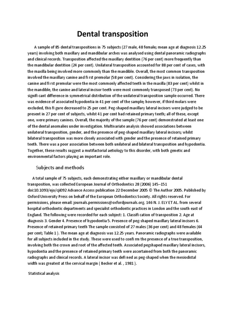 Dental Transposition: Subjects and Methods | PDF | Correlation And ...