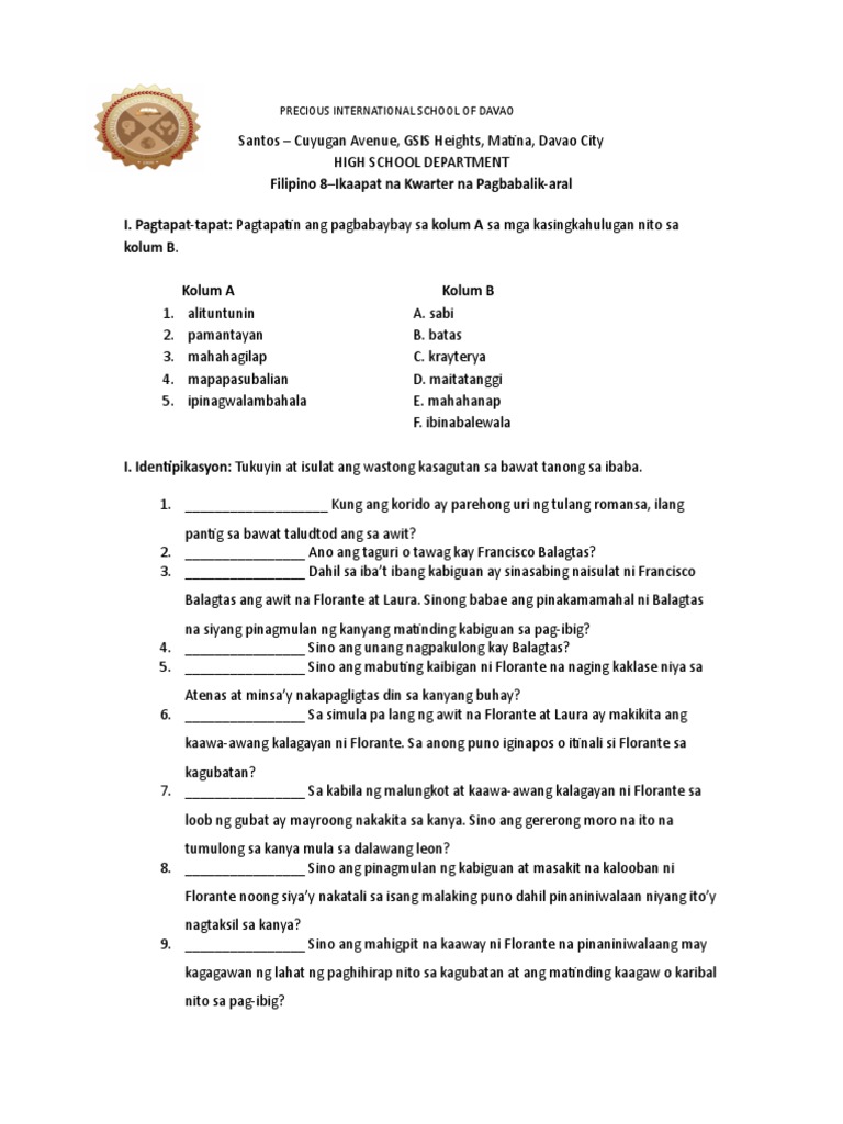 Filipino 8 - REVIEWER (4th Quarter) | PDF